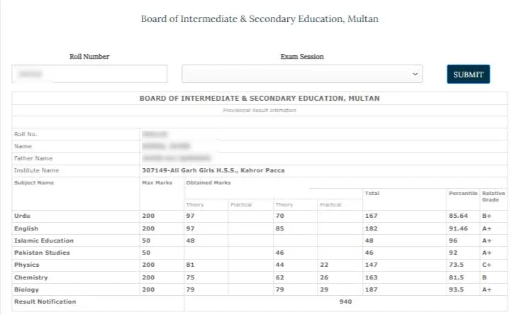 1st Year Result 2024 Multan Board